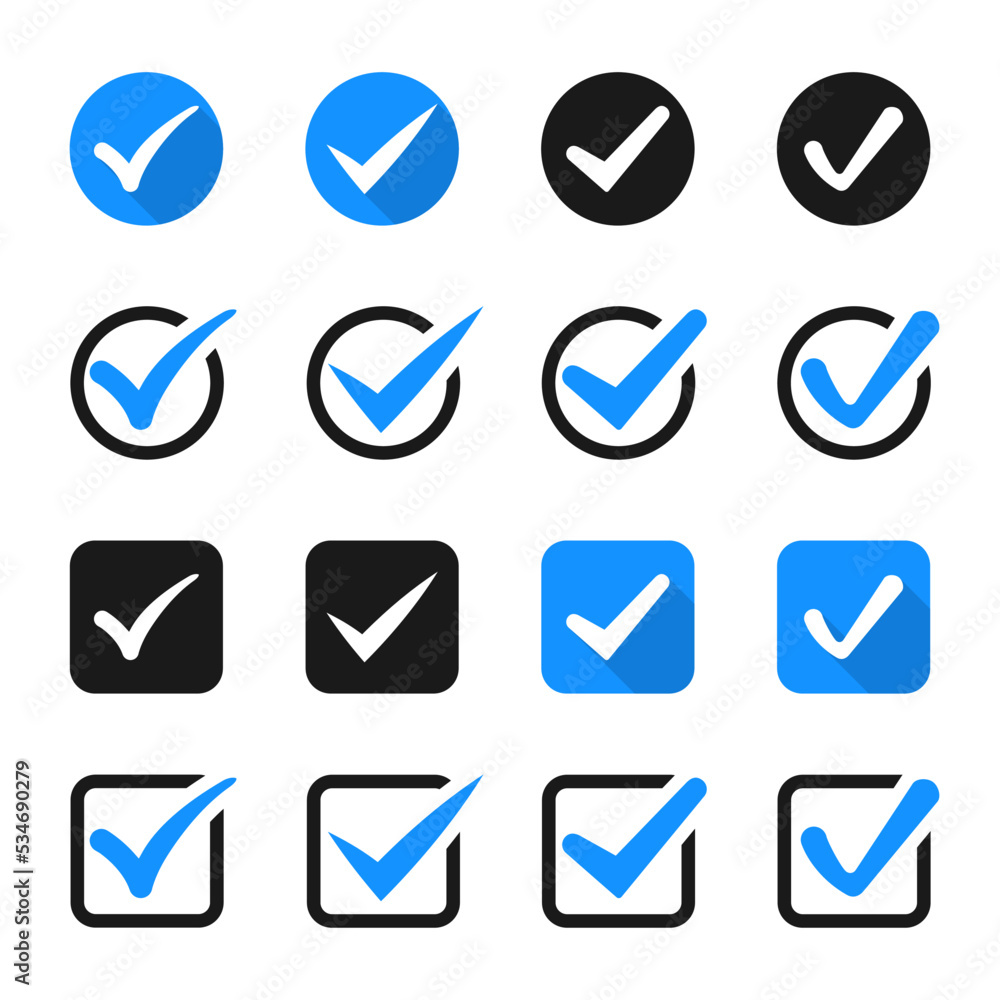 Check mark icons collection. Set of blue tick icons. Checkmark symbol ...