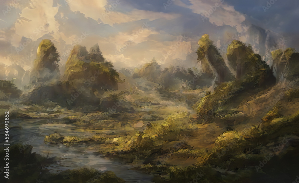 Fantastic Epic Magical Landscape of Mountains. Summer nature. Mystic ...