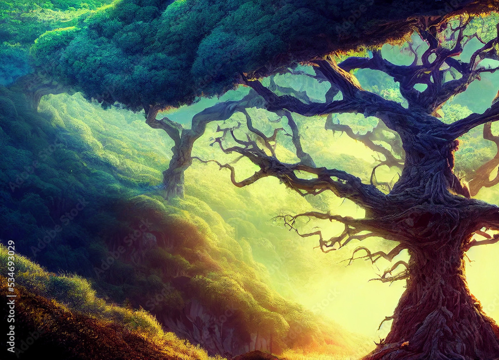 Fantasy giant tree on top of a hill detailed, dramatic view, digital ...