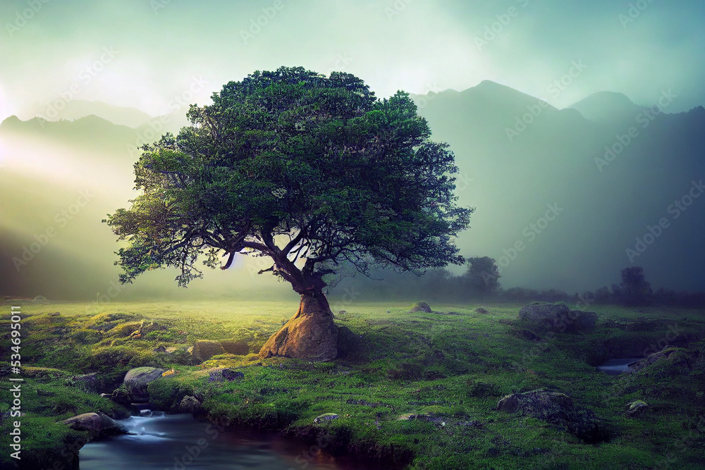 Fantasy green giant tree on top of a foggy hill, dramatic view, digital ...