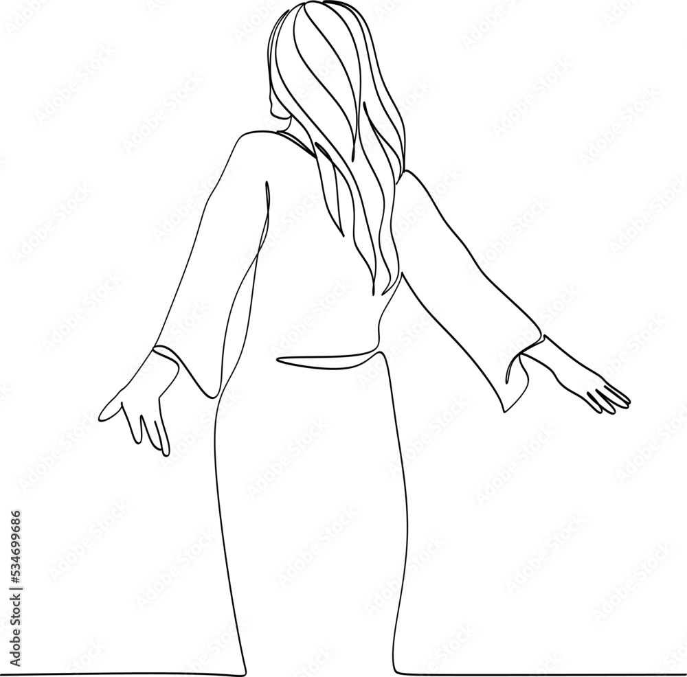 Continuous line art or One Line Drawing of a woman stretching arms is ...