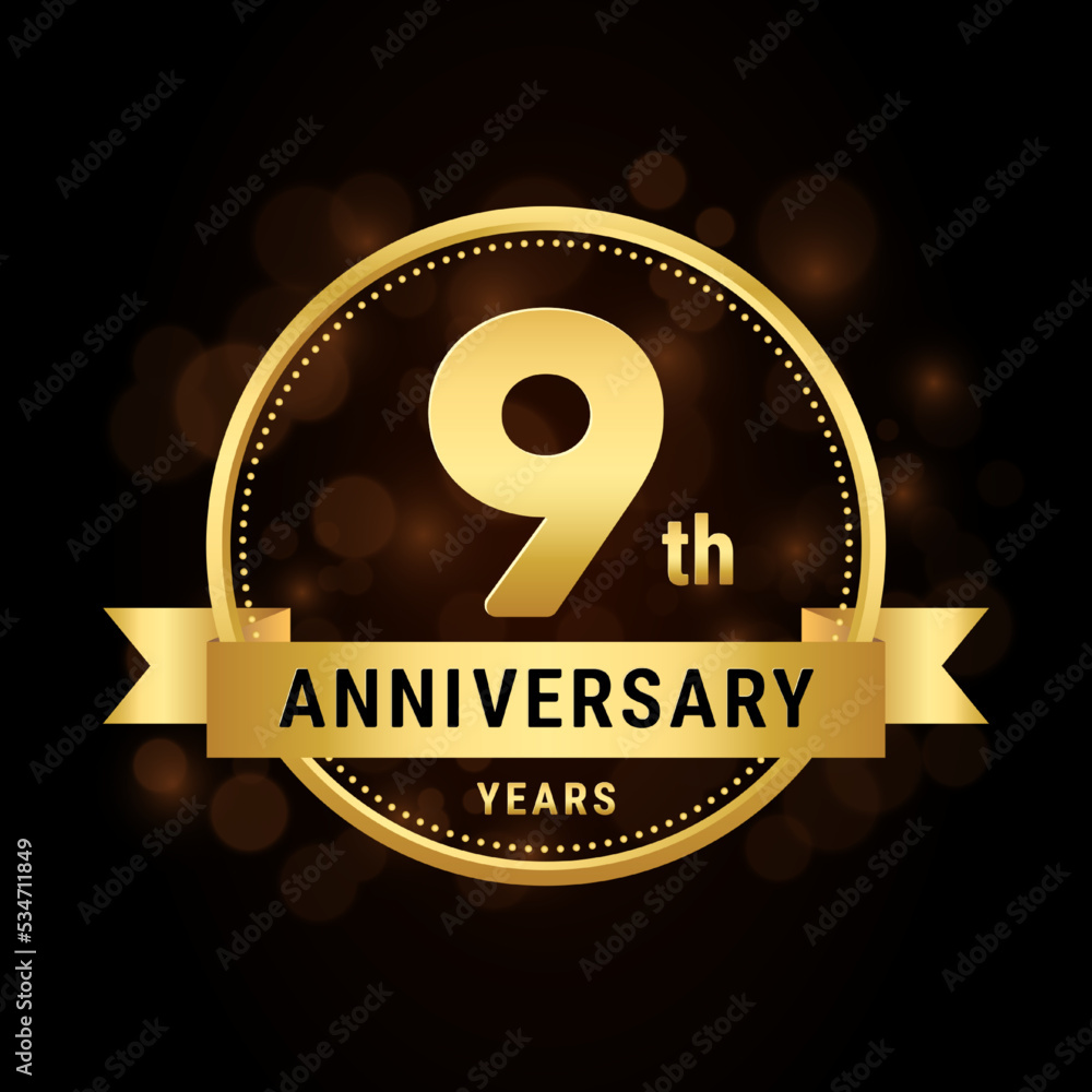 9th anniversary, anniversary celebration template design with gold ...