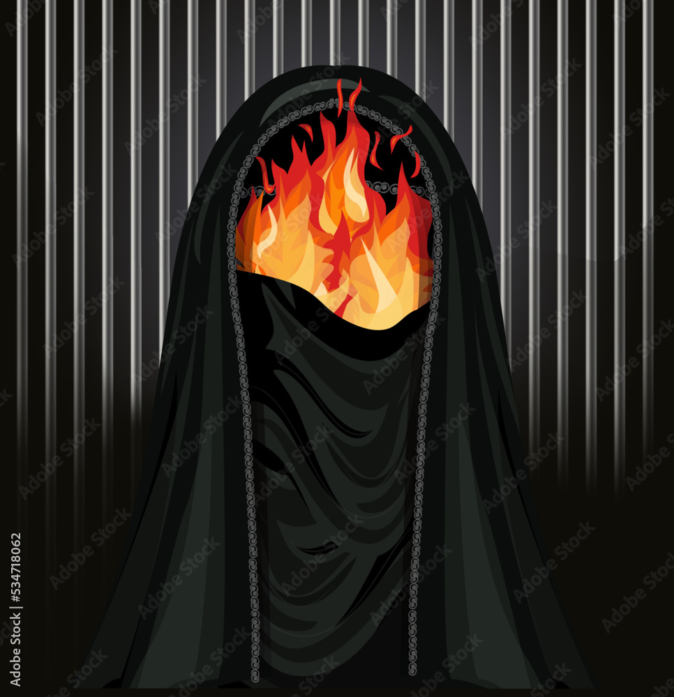 Burka is like a prison. Muslim woman in burqa with flame and metal bars ...
