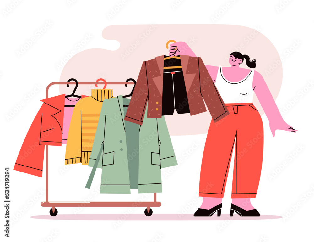 Shopping in store concept of landing page with woman choosing clothes ...