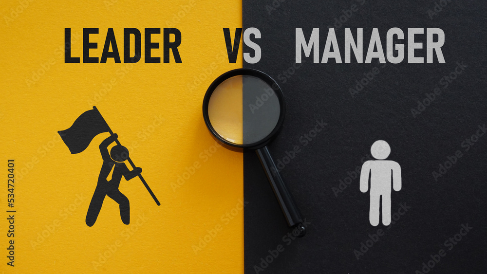 Leader vs manager is shown using the text and pictures of difference ...