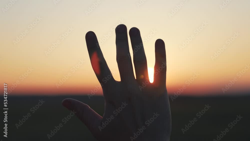 Light backdrop. Sunlight sky. Silhouette of palm of hand at sunset ...