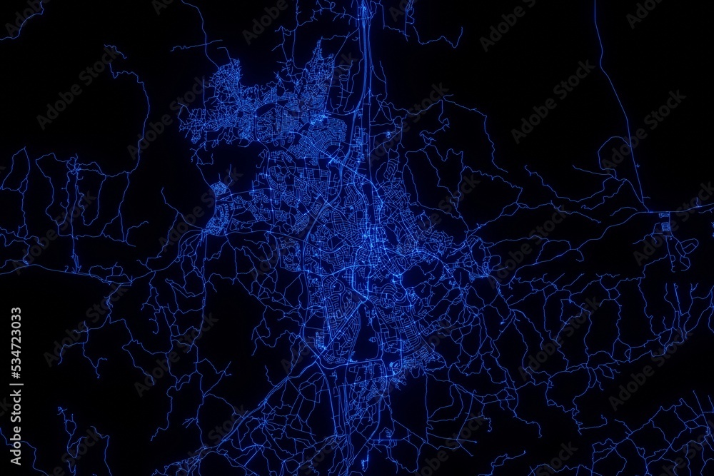 Street map of Windhoek (Namibia) made with blue illumination and glow ...