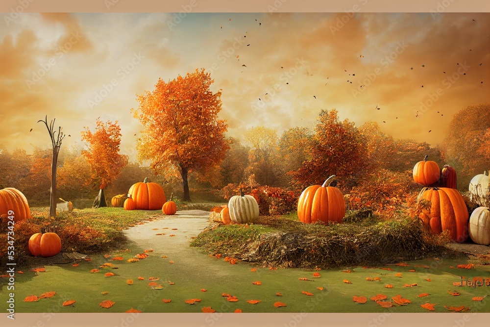 Abstract autumn landscape scene with Product stand and pumpkins ...