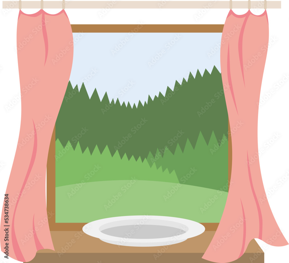 cartoon window with courtain, view from interior, vector illustration ...