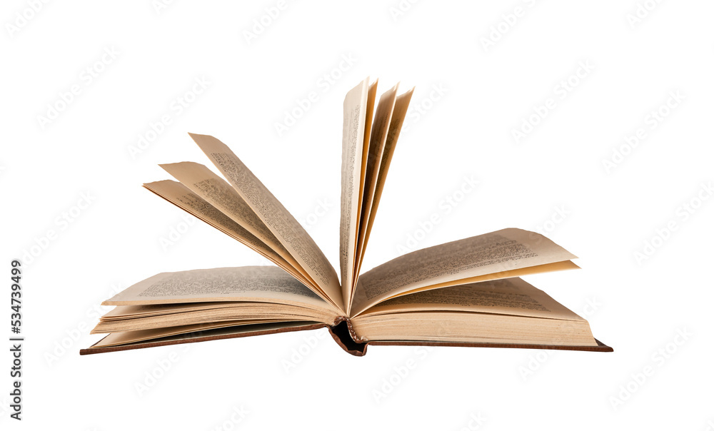 Open book with abstract turning pages isolated on white background ...