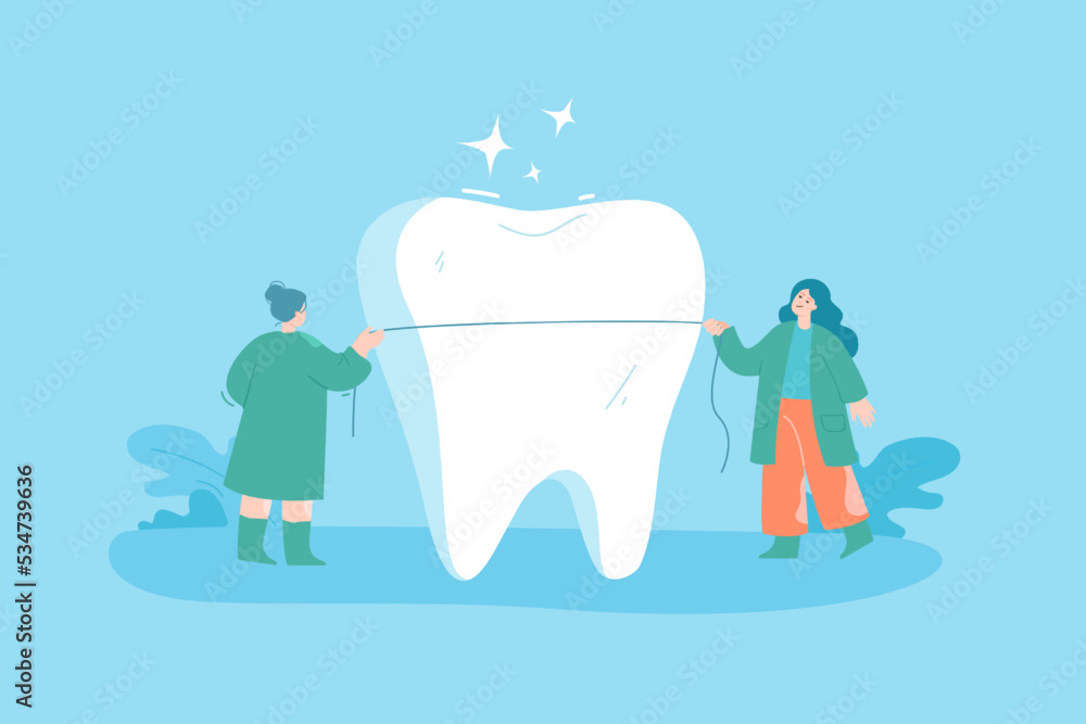 Tiny dentists with dental floss cleaning huge tooth. Cartoon women ...