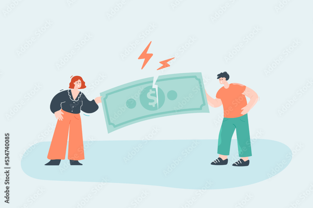Angry wife and husband tearing big banknote. Annoyed cartoon man and ...
