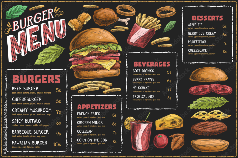 Fast food menu template for restaurant or cafe. Vector sketch price ...