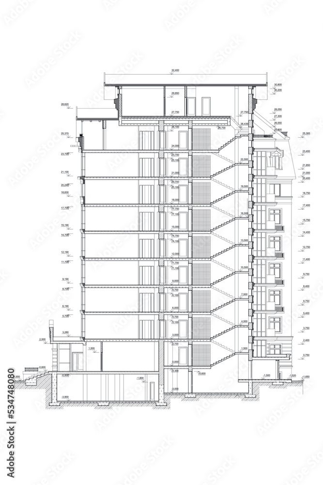 Multistory building section, detailed architectural technical drawing ...