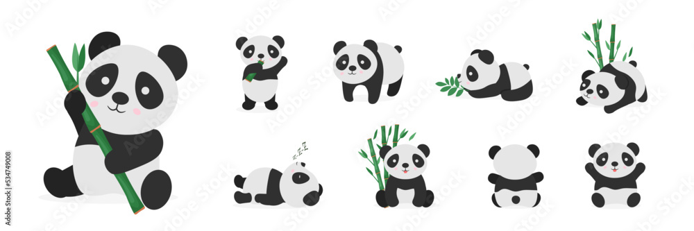 Cute pandas flat vector color illustrations set. Baby panda bear in ...