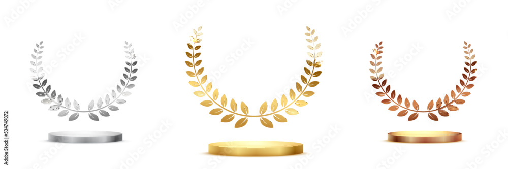 Golden, silver and bronze award signs with laurel wreath isolated on ...
