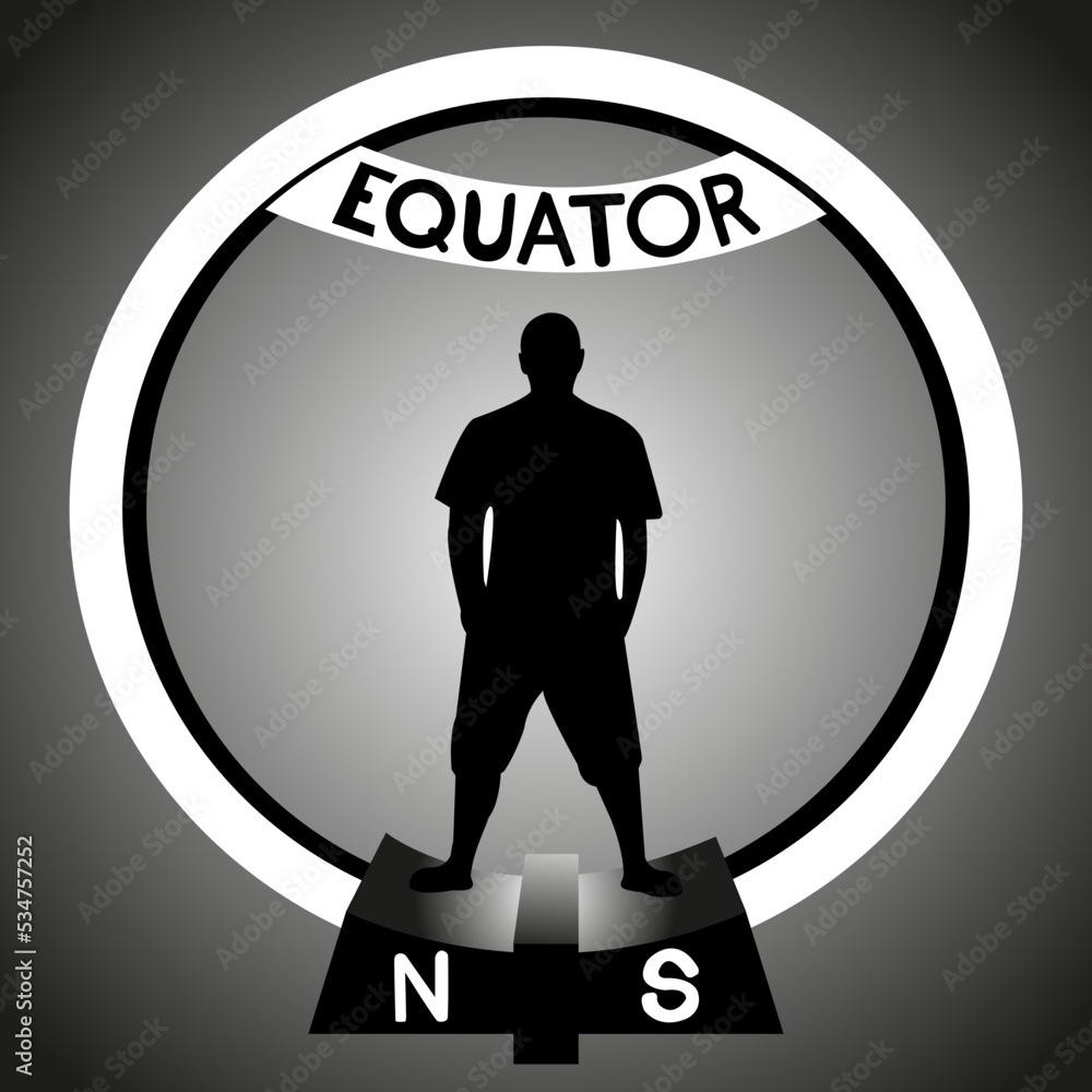 Silhouette of a man standing on the equator. Equator crossing sign ...