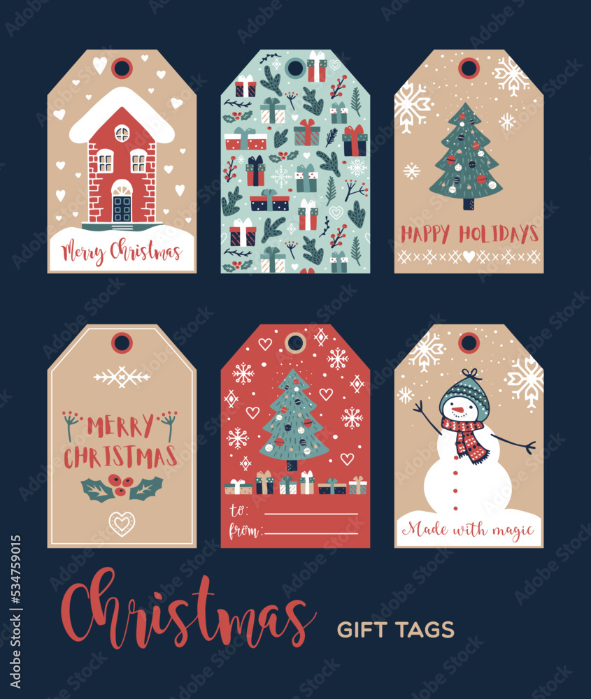 Set of cute Christmas gift tags in hand drawn doodle style. Vector ...