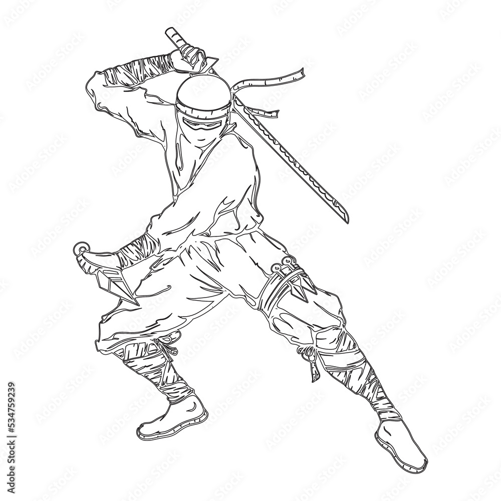 Japanese ninja cartoon illustration holding weapons for coloring book ...