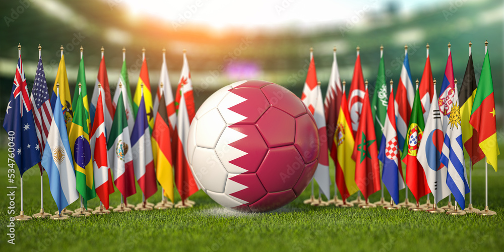 Soccer football ball with flags of world countries on the grass of ...