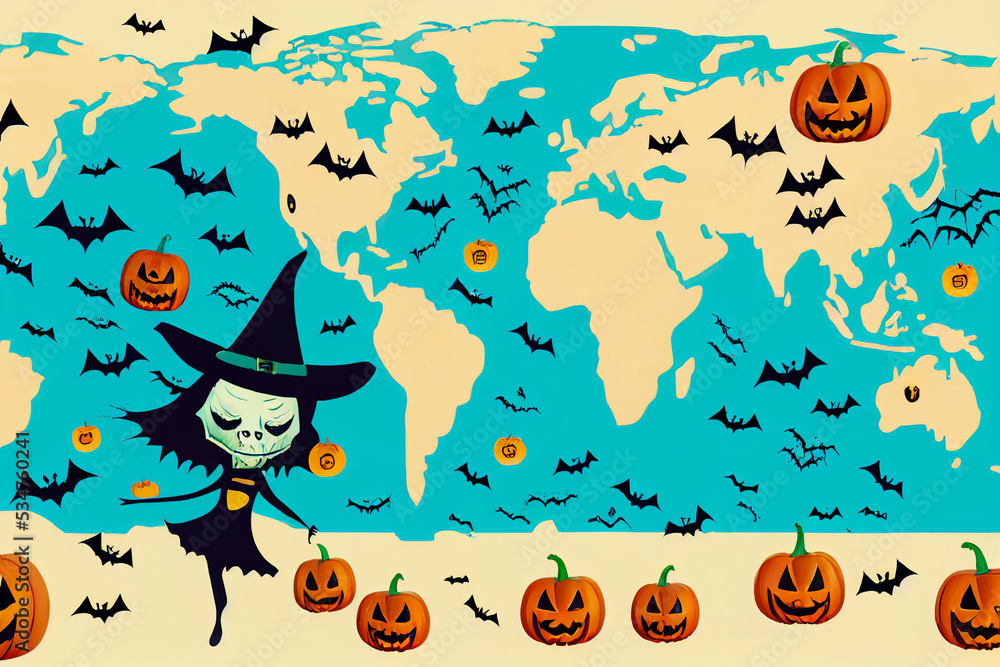 Large Halloween world map with scary pumpkins and demonic witch Stock ...