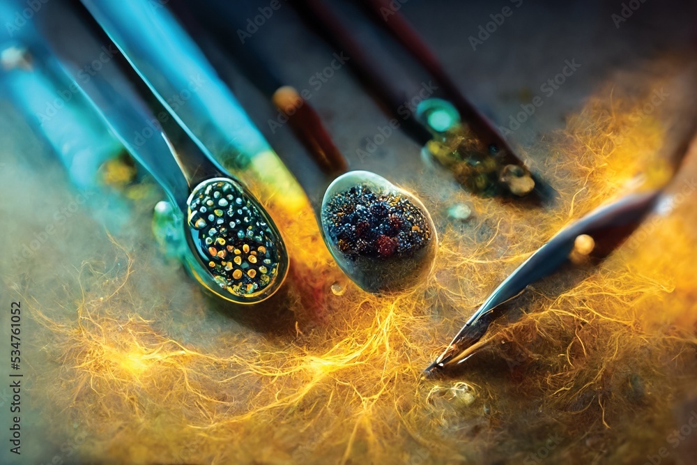 Digital art, illustration of biotechnology, micro bio form life ...