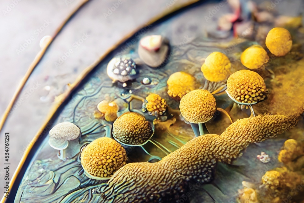 Digital art, illustration of biotechnology, micro bio form life ...