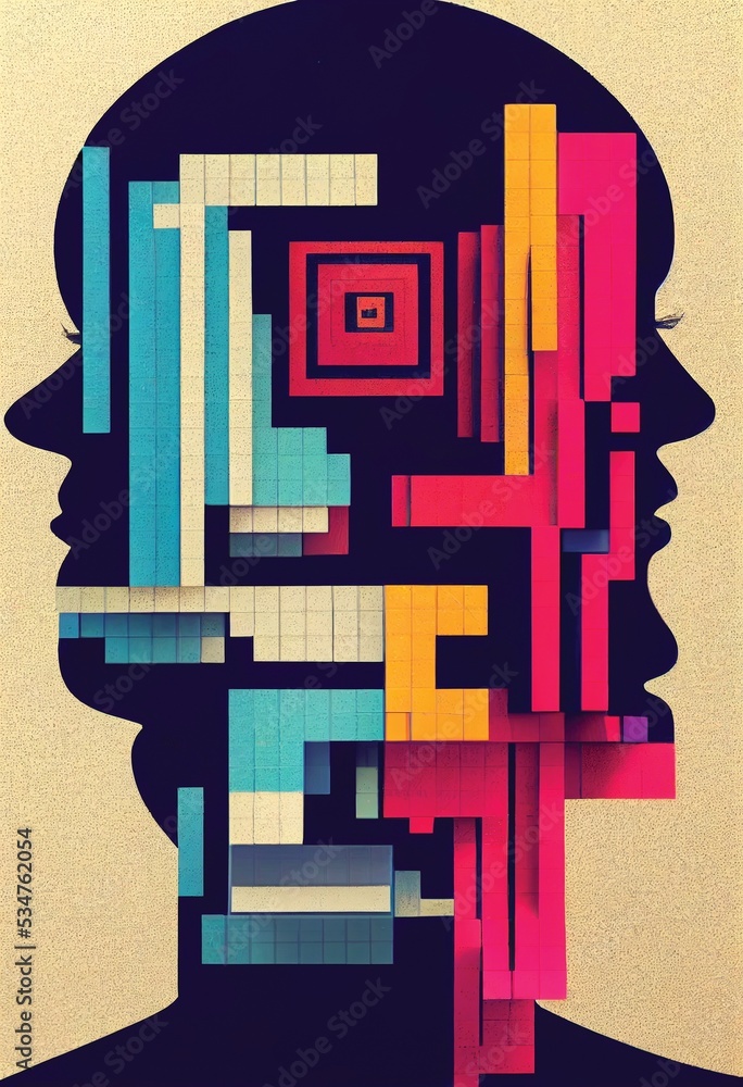 Digital abstract art, two faces, concept art, human head, people ...