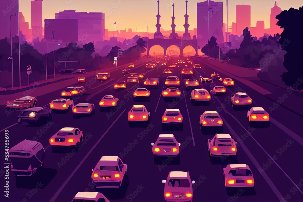 cartoon drawing Car traffic pollution traffic jam in the morning and ...