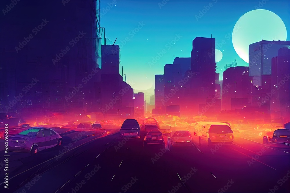 anime style, Car traffic pollution traffic jam in the morning and ...