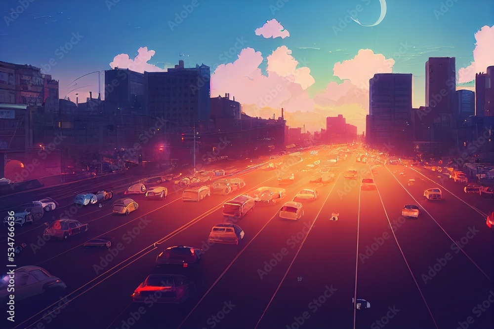anime style, Car traffic pollution traffic jam in the morning and ...