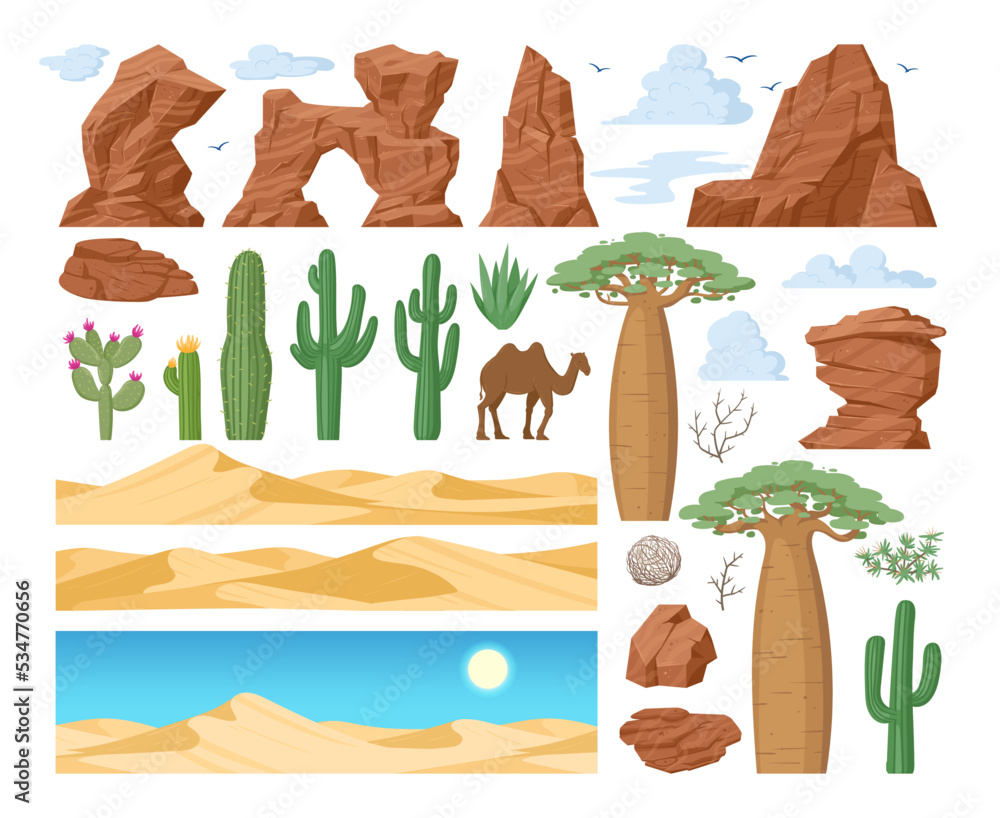 Cartoon desert dunes, rocks, baobab, cactus and c. Mojave desert sand ...