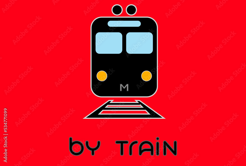 black train and railroad sign and the inscription "by train" at the ...