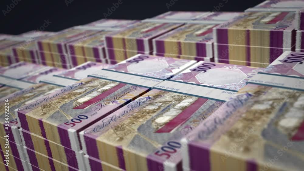 Qatar money Riyal banknote bundle growth up loop. QAR money stacks ...