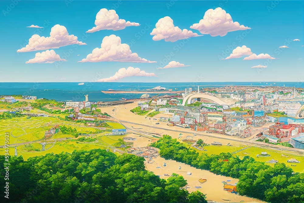 Cartoon drawing CARDIFF WALES AUGUST Cardiff Coastal City Sea Town and ...