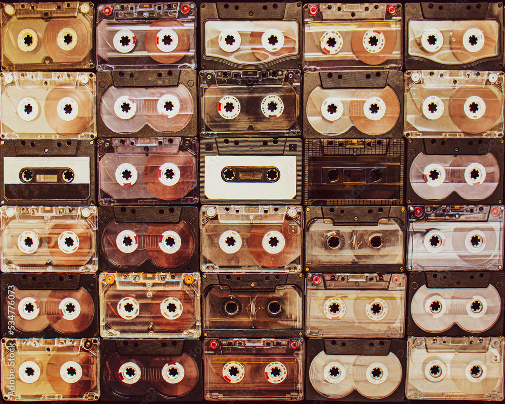 audio cassette background, collection of audio cassettes, retro music ...