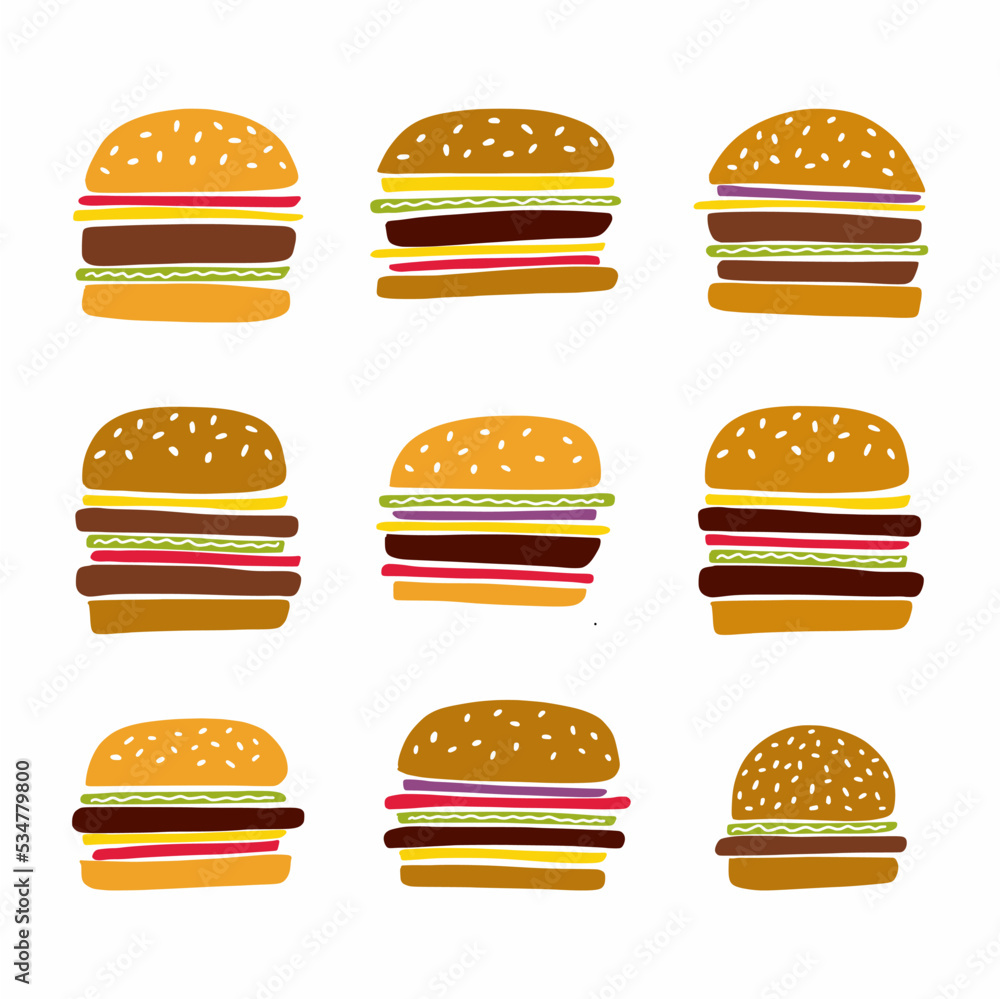 Vector collection of hand-drawn burgers in doodle style. Fast food ...