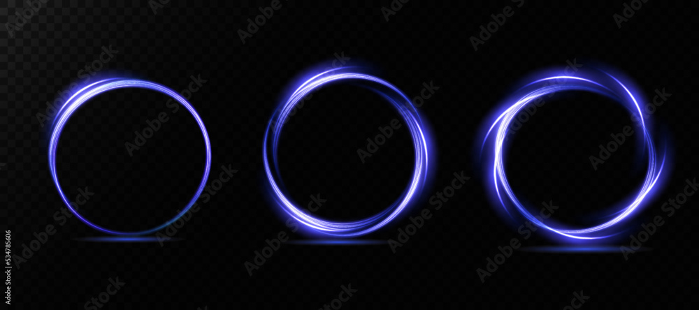 Set of neon light rings. Whirlwind effect. Curve blue, purple, gold ...