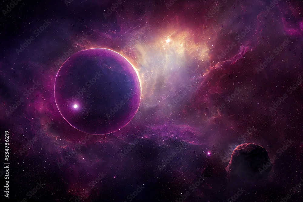 Extrasolar Planet and Asteroid on Purple Cosmic Nebula Background 3D ...