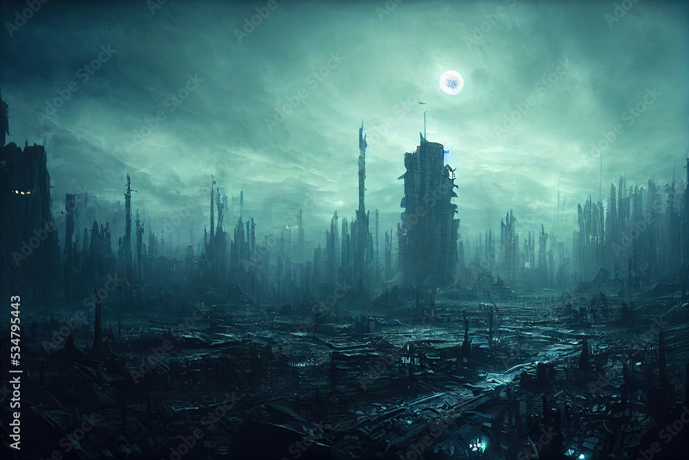 Dark side of modern city with many high-rise buildings in the dark ...