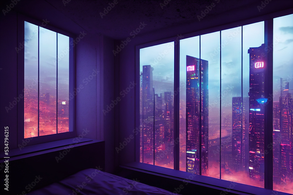 Modern Cyberpunk city outside the window of a modern room. City with ...