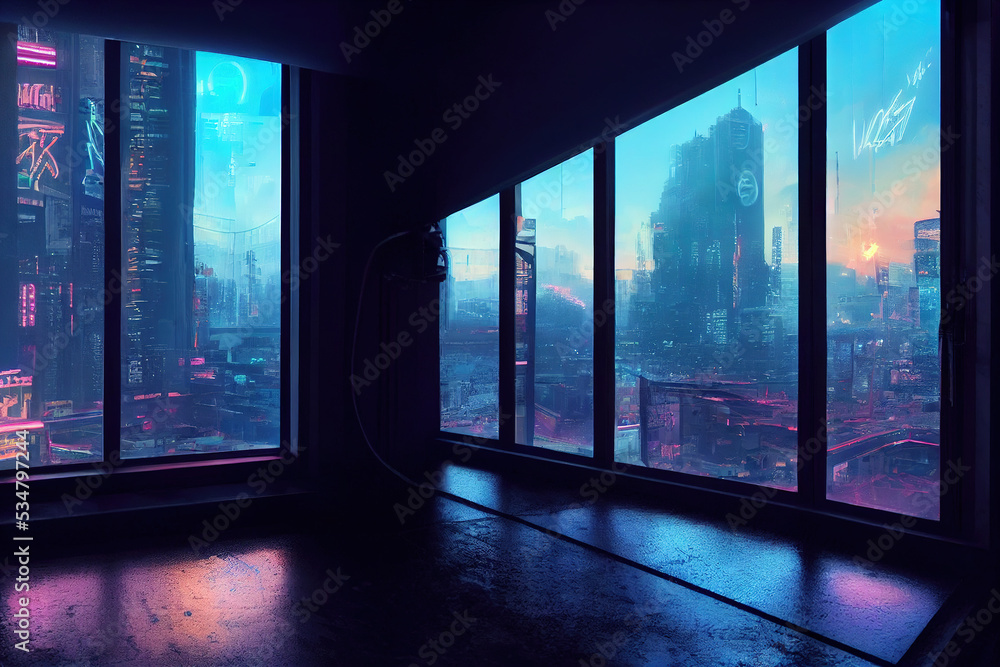 Modern Cyberpunk city outside the window of a modern room. City with ...