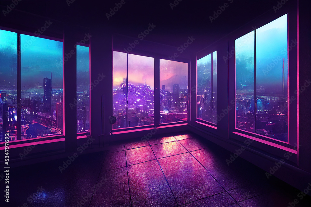 Modern Cyberpunk city outside the window of a modern room. City with ...