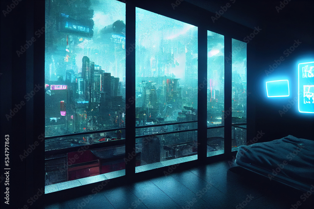 Modern Cyberpunk city outside the window of a modern room. City with ...