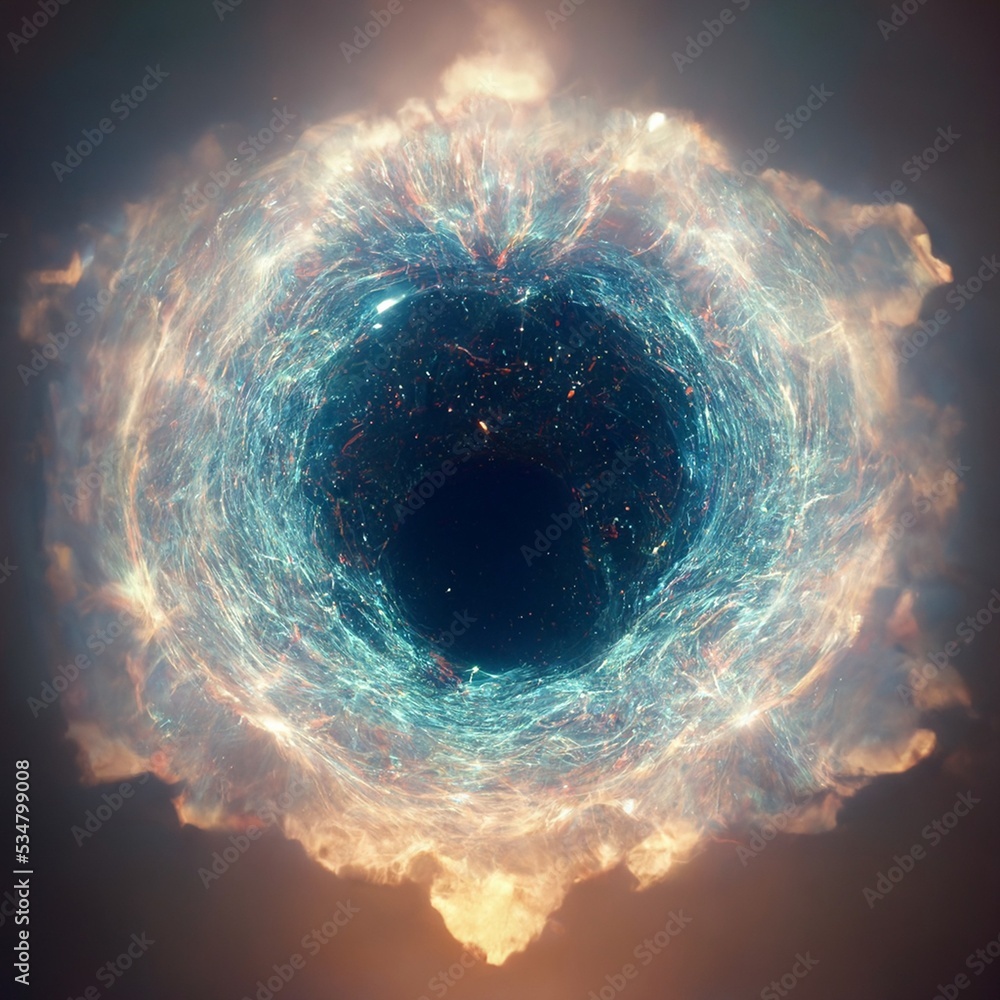 A portal floating, black background. A portal made of glass, blue and ...