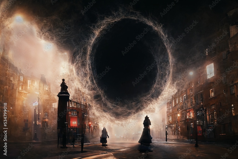 People looking at a portal in the sky. Space portal, spiral of energy ...