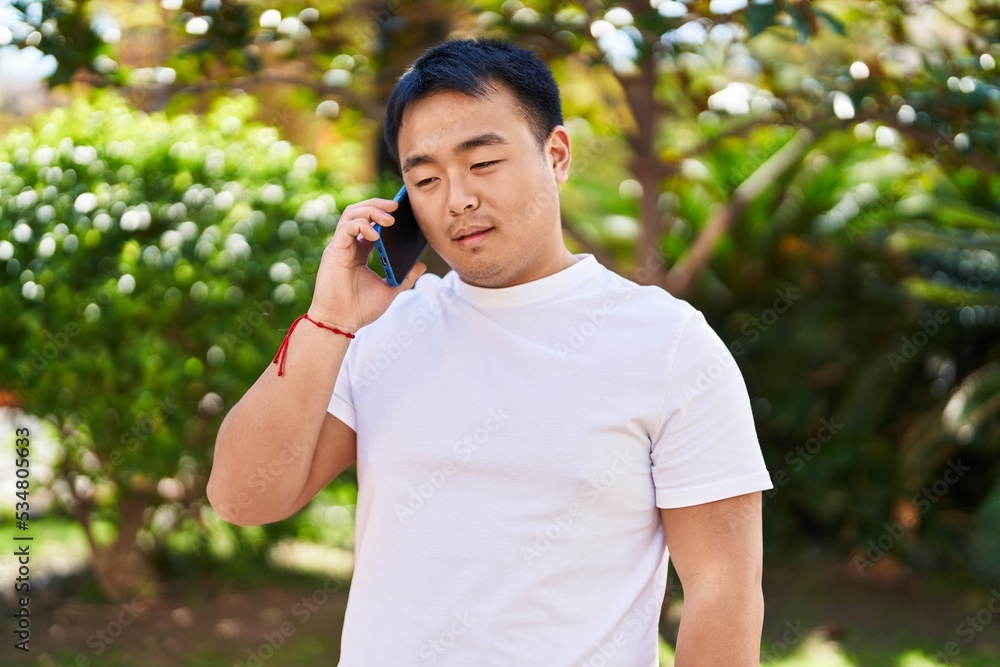 Young chinese man talking on the smartphone at park Stock Photo | Adobe ...