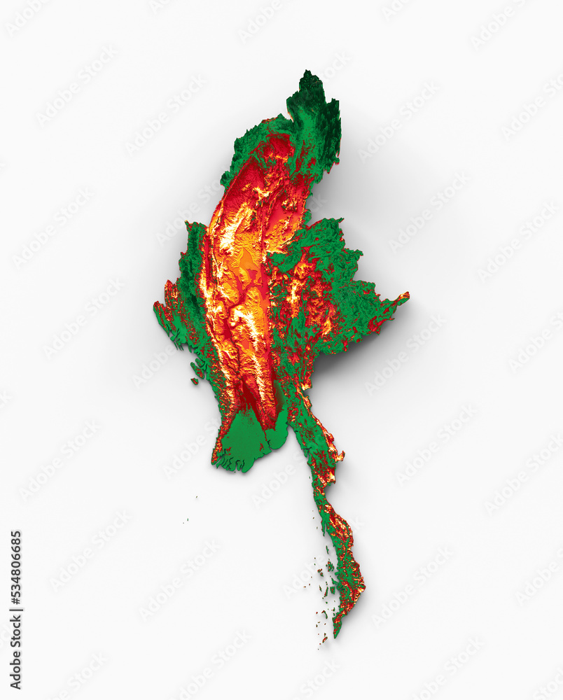 Burma Myanmar map with the flag Colors Red green and yellow Shaded ...
