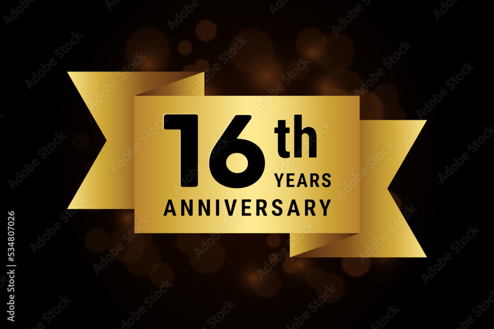 16 Years anniversary, anniversary celebration template design with gold ...