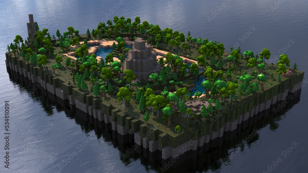Low Poly island in ocean, Minecraft style in 8K Stock Illustration ...